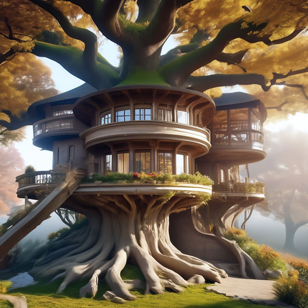 "An unusual house in the huge roots of an oak tree 6 floors shelving ...