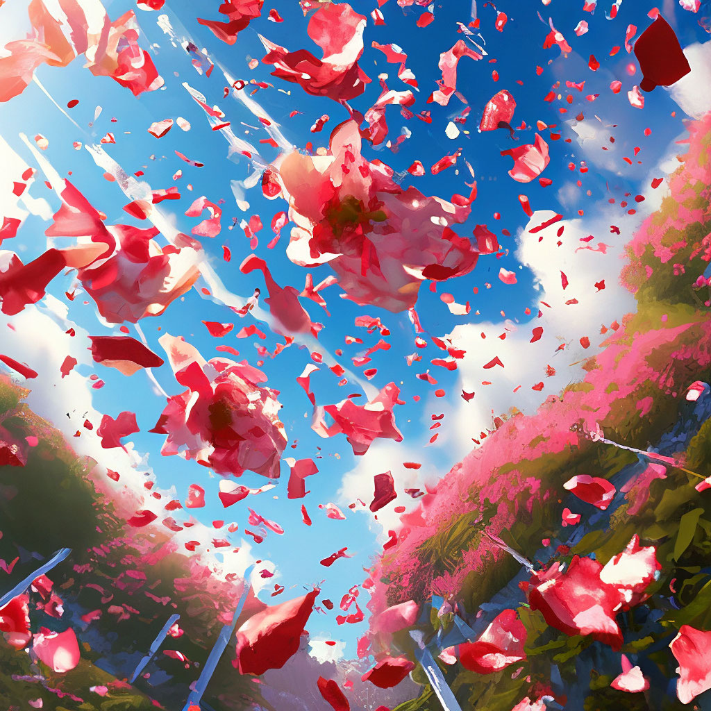 "Falling-broken flowers fall from the sky" — image created in Shedevrum