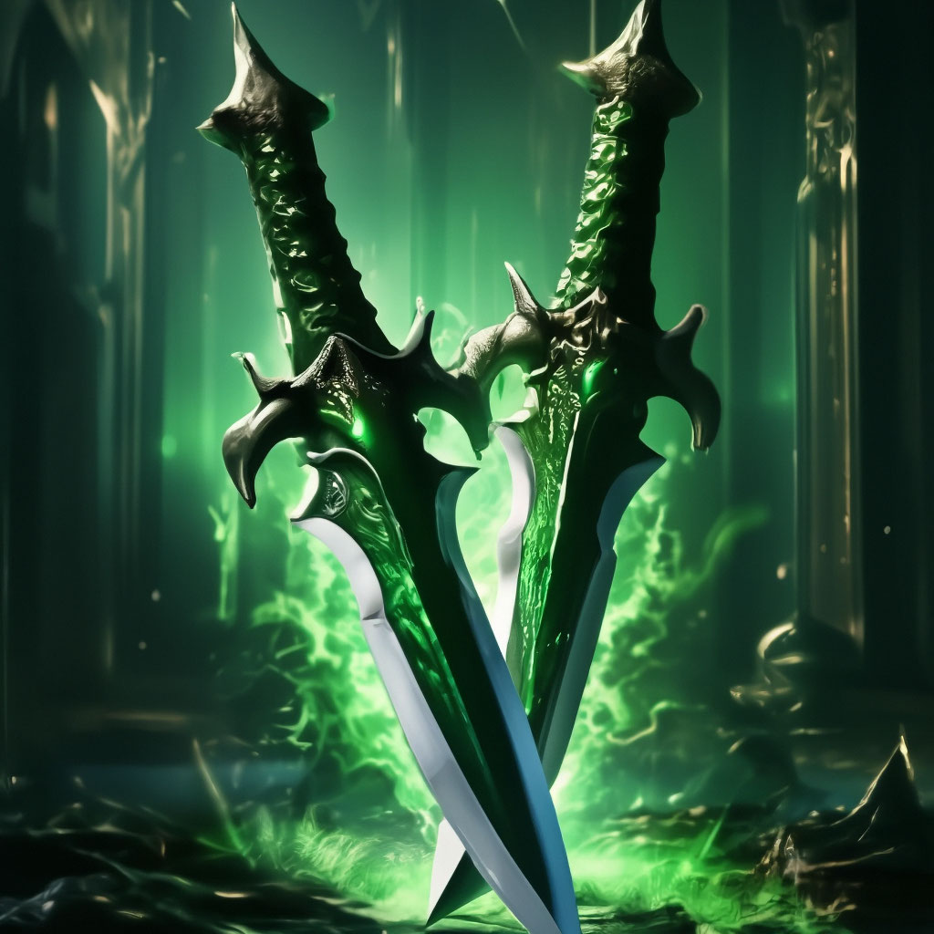 "Two poisonous daggers, curved blade, dark green glow, realism, high ...