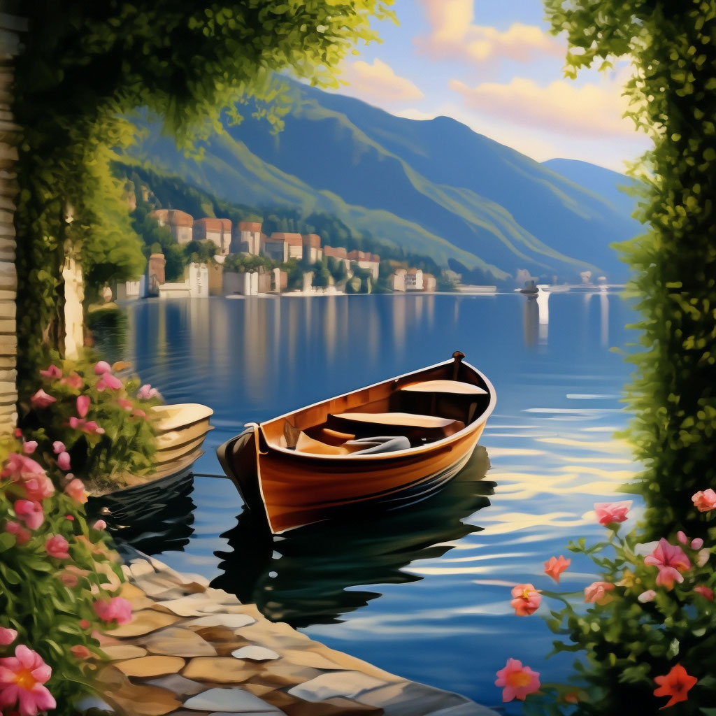 "«Il Lungo Lago» by Guido Borelli,flower, boat, lake, like Como Doc ...