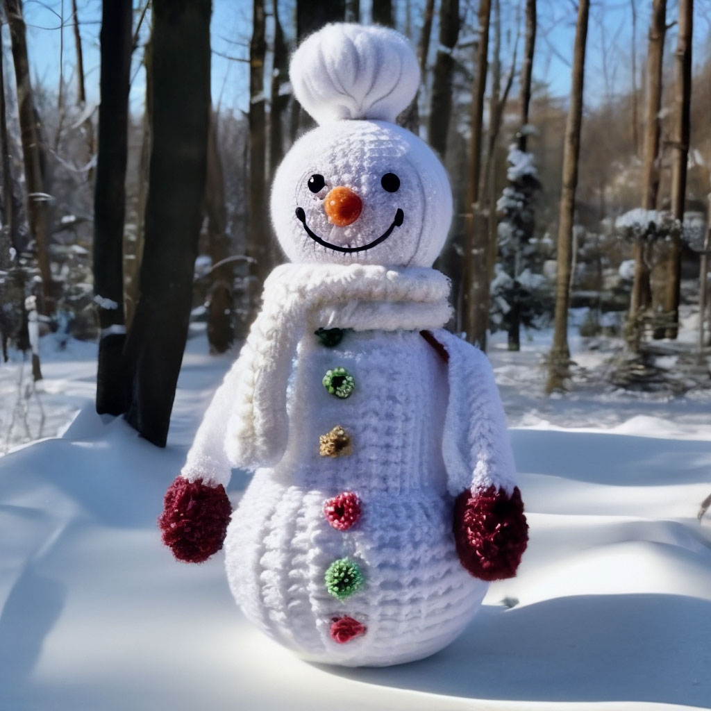 "Knitted large snowman, made of snow-white yarn,decorated with ...