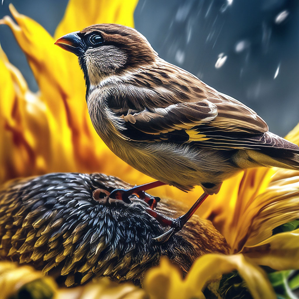 "A sparrow on a sunflower pecks seeds, professional shooting" — image ...