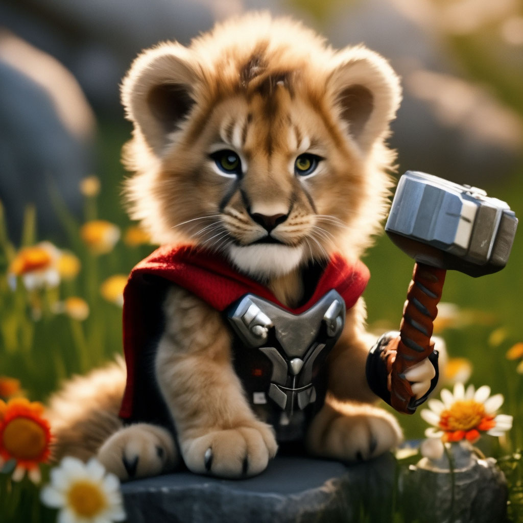 "Realistic tiny fluffy lion cub + Thor , Thor + hammer Mjolnir costume ...