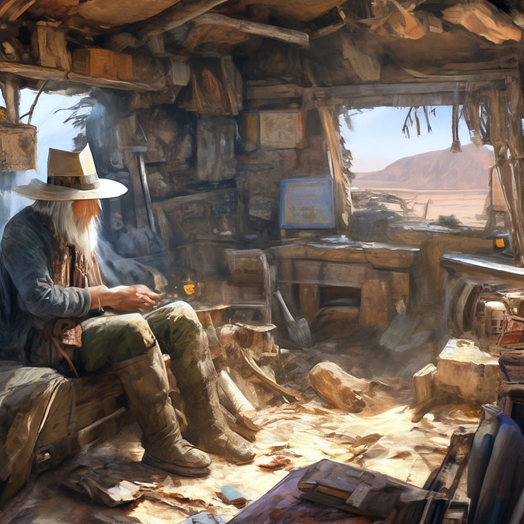 "Inside view, inside a dilapidated shack built of various junk, a gray ...