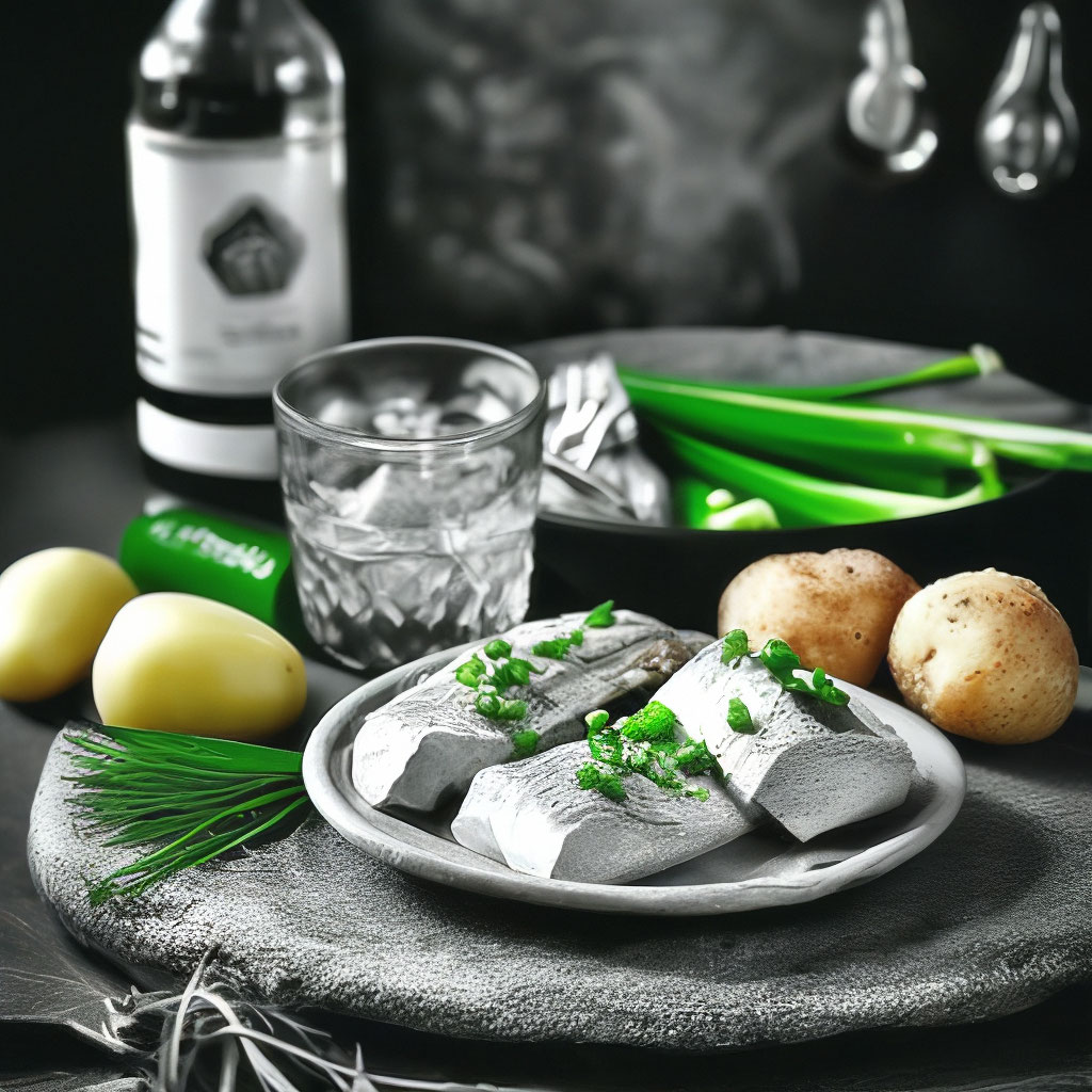 "Chopped herring with green onions, bread, boiled potatoes, vodka stack ...