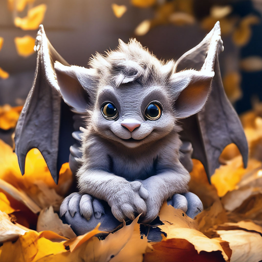 "Gentle, cute, fluffy gargoyle,sitting in a pile of autumn leaves ...