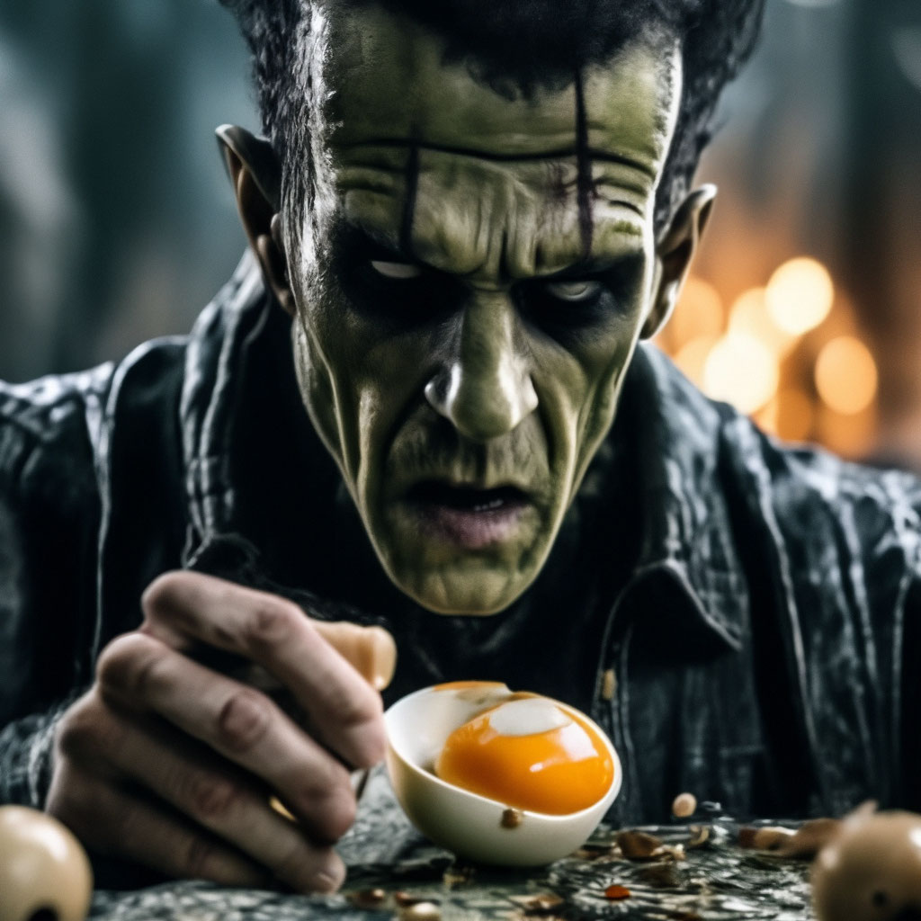 "Frankenstein Frankenstein, angry, waist-high angle, eating an egg in ...