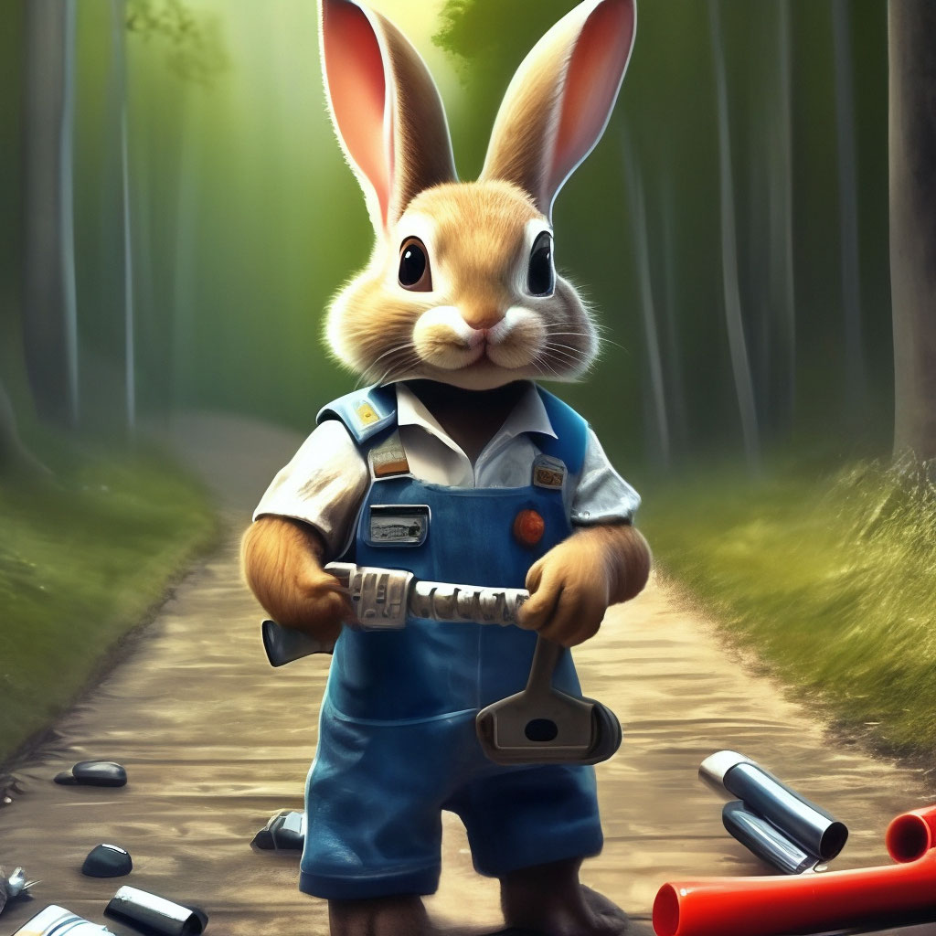 "Anthropomorphic rabbit mechanic, holds a wrench in his hand, goes to ...