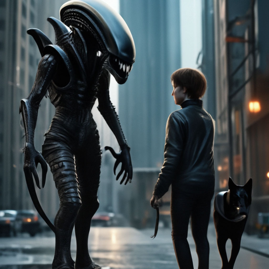"Xenomorph leads a creepy pet on a leash, full height, detailed drawing ...