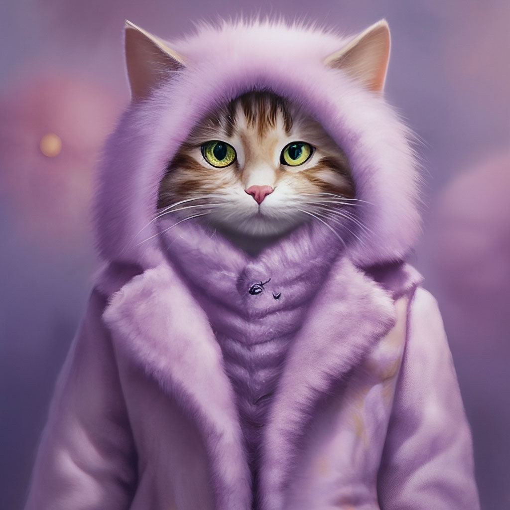 "An anthropomorphic cat in a lilac fur coat with a hood" — image ...
