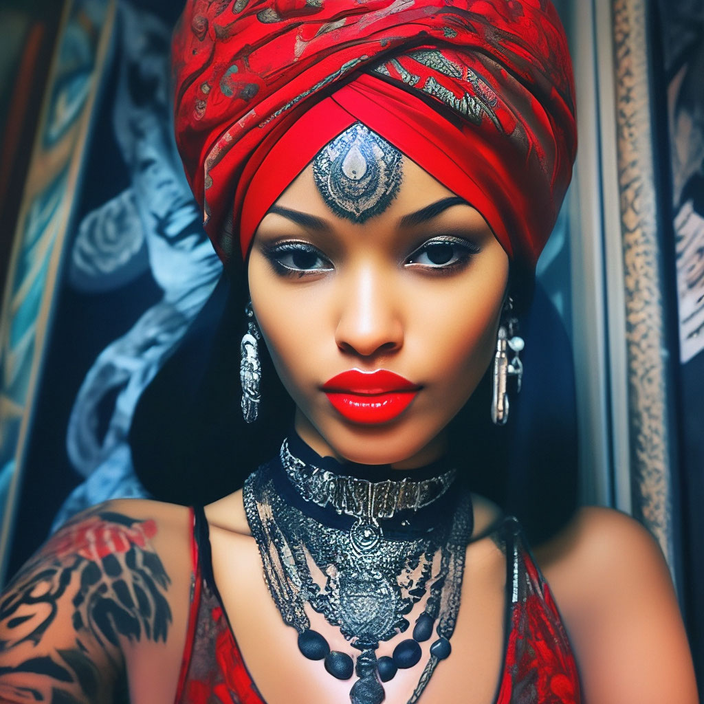 "Dark girl, turban on her head, plump lips, zigzag black choker on her ...