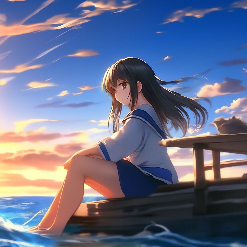 "Anime girl resting on the sea" — image created in Shedevrum