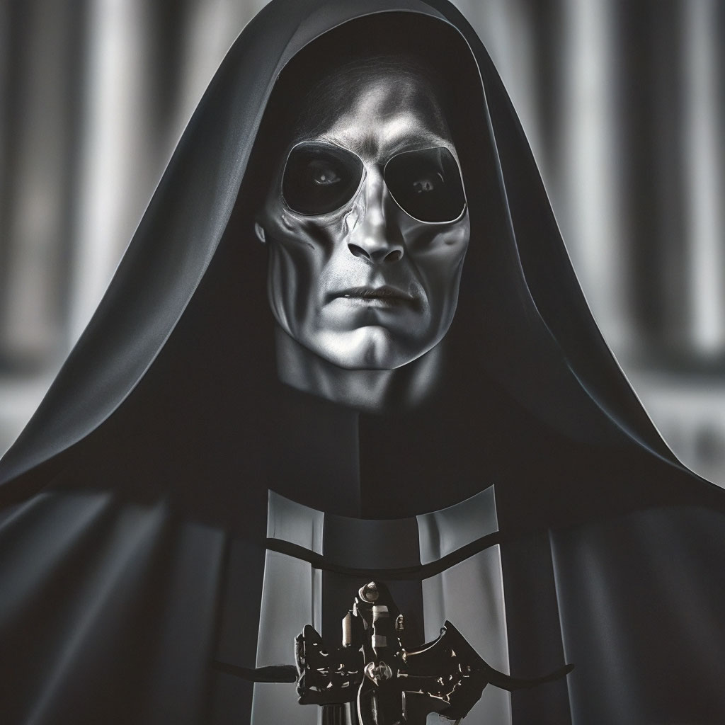 "Deathly pale face, catol..giant cross in the forehead, cold look ...