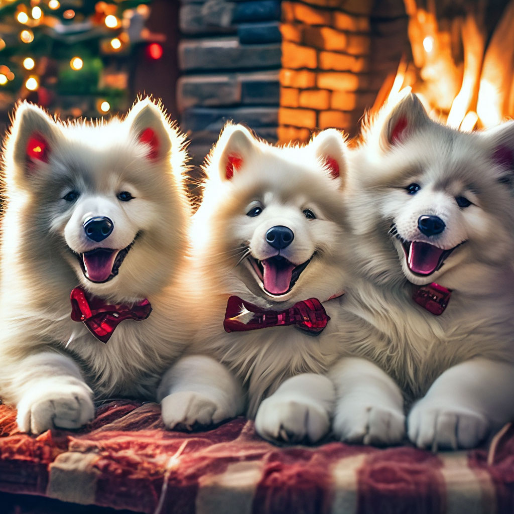 "Three real live realistic smiling Samoyed puppies in bows lying on ...