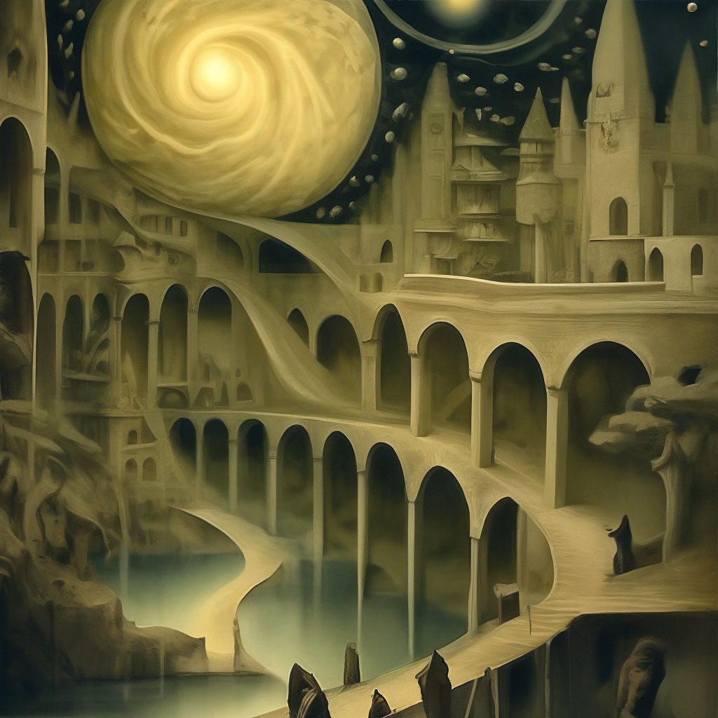 "Ancient rome, steep ravine at night, embryo moon in the lumen, lady of ...