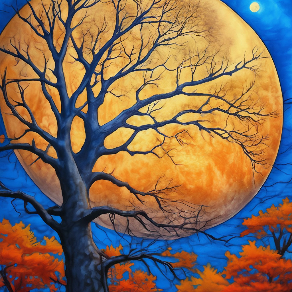 "Magnificent moon, half hidden by hickory, clear autumn morning, epic ...