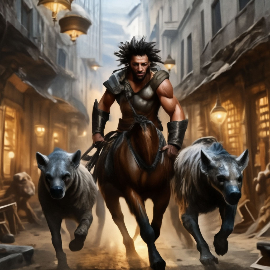 "A centaur escapes from armed gnolls (anthropomorphic hyenas) into an ...