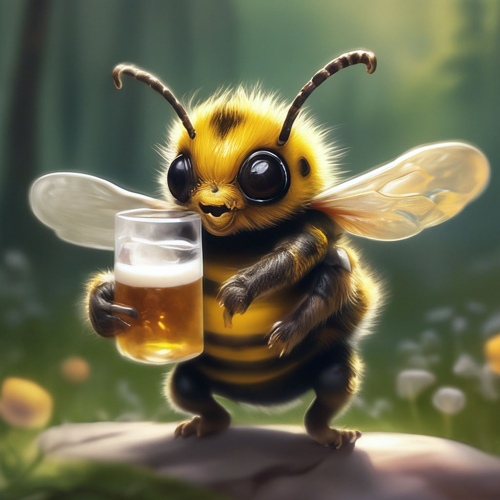 "A small pot-bellied bumblebee with a mug of beer in his small hand ...