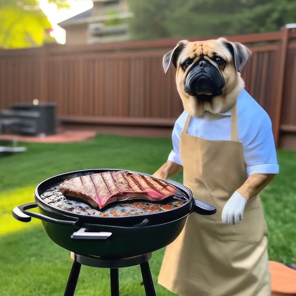 "Dog cooks steak on the grill in an apron in the yard" — image created ...
