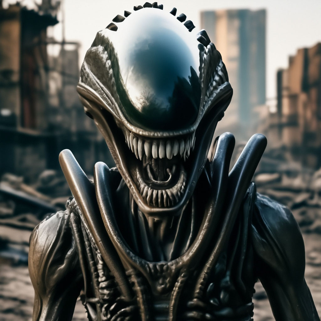 "The xenomorph looks at the viewer with an unnaturally wide very fake ...