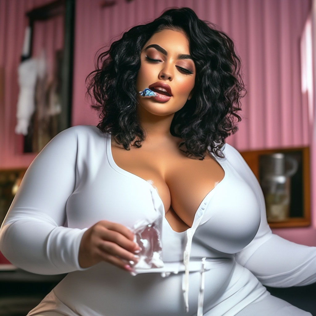 "Cheeky pawg bbw curvy brunette white liquid dripping from lips and mouth" — image created in ...