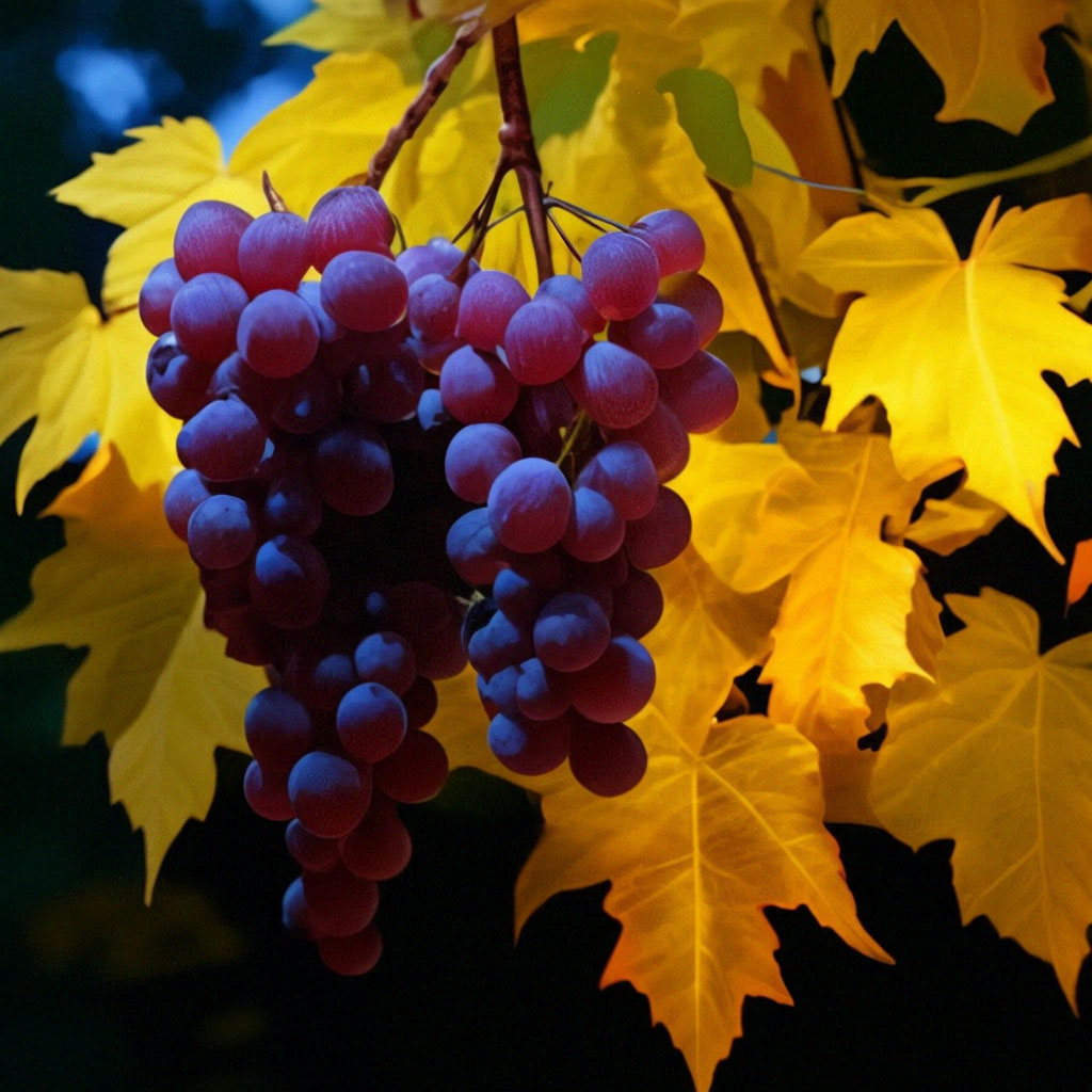 "Night, landscape, autumn grapes are sitting on a maple branch ...