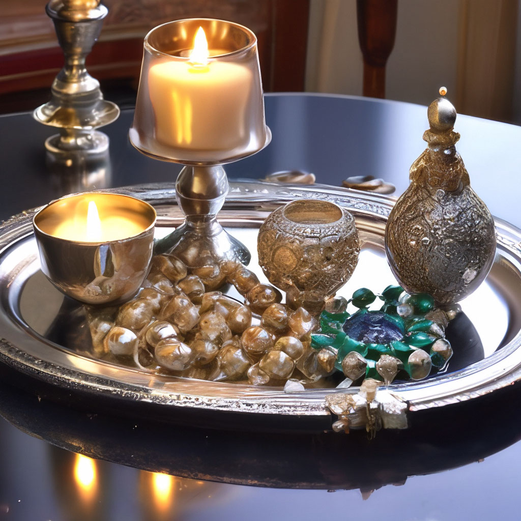 "A scattering of beautiful jewelry with precious stones lies on a ...