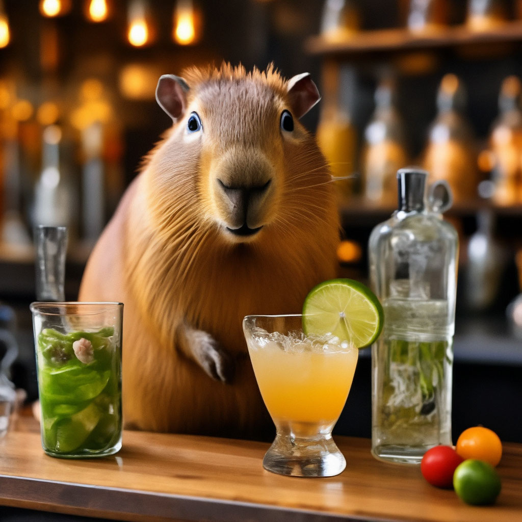 "Capybara makes cocktails" — image created in Shedevrum