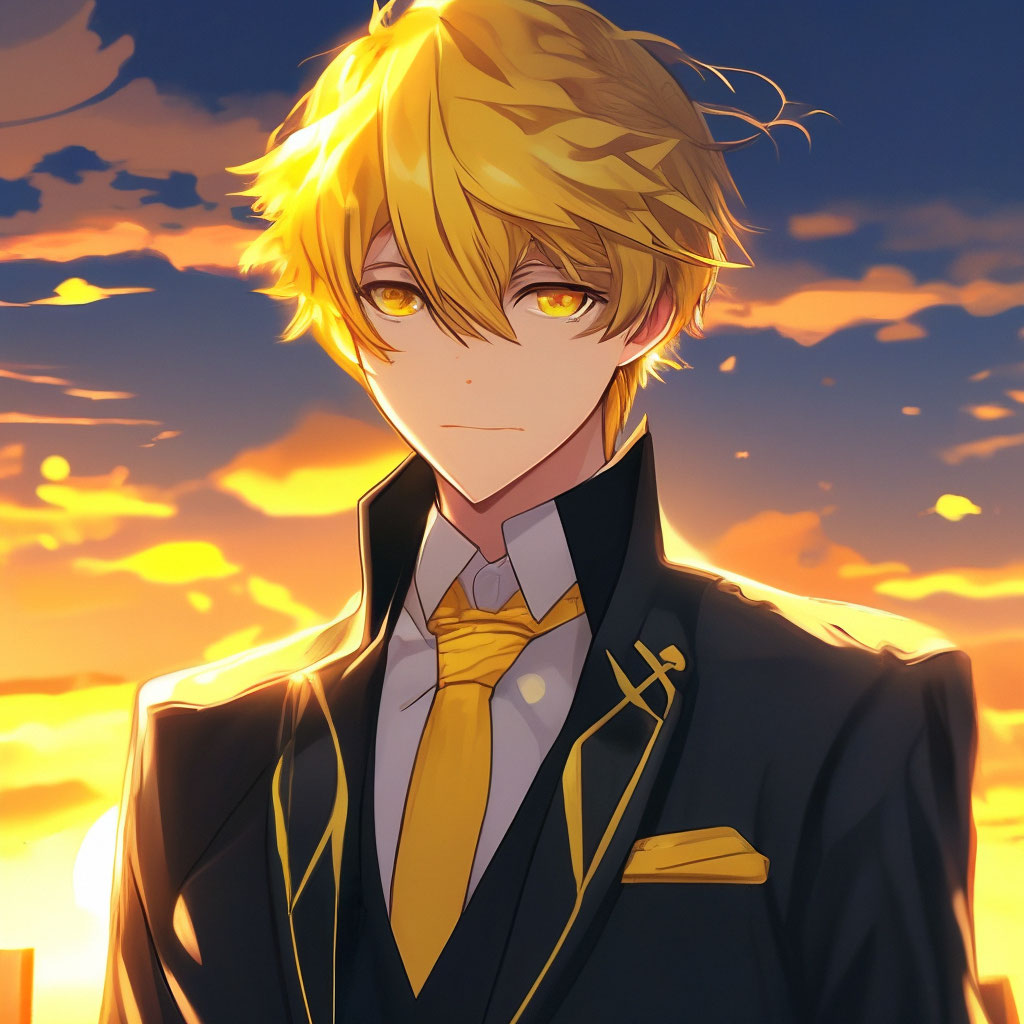"Handsome guy, sharp features, yellow short hair, eye is yellow, a ...