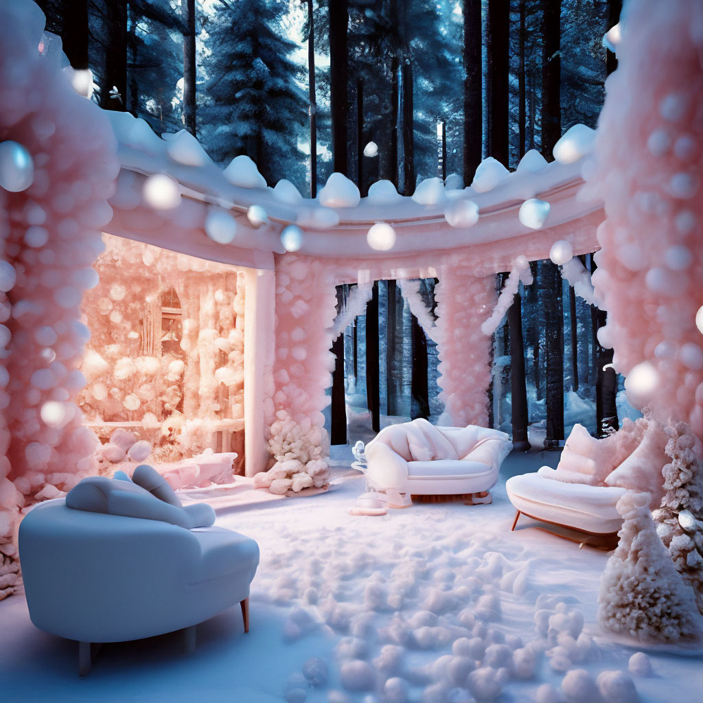"A snow-white room made of cotton candy and snow, strewn with snow ...