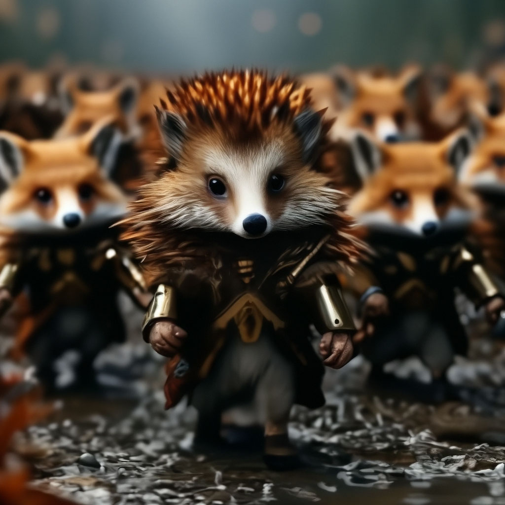 ".march of hedgehogs and foxes. hyperrealistic, symbiosis, solemn, epic ...