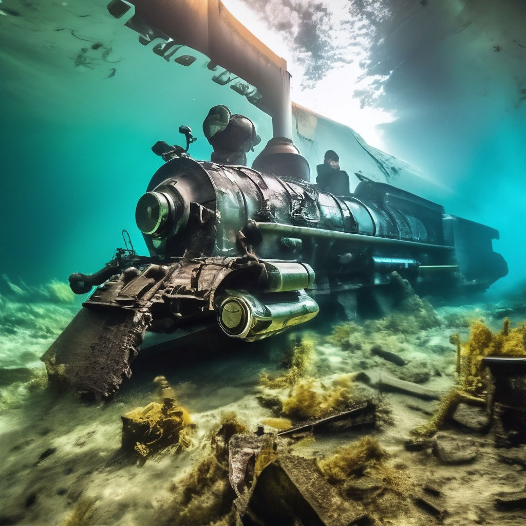 "An abandoned, sunken, broken steam locomotive is deep under water ...