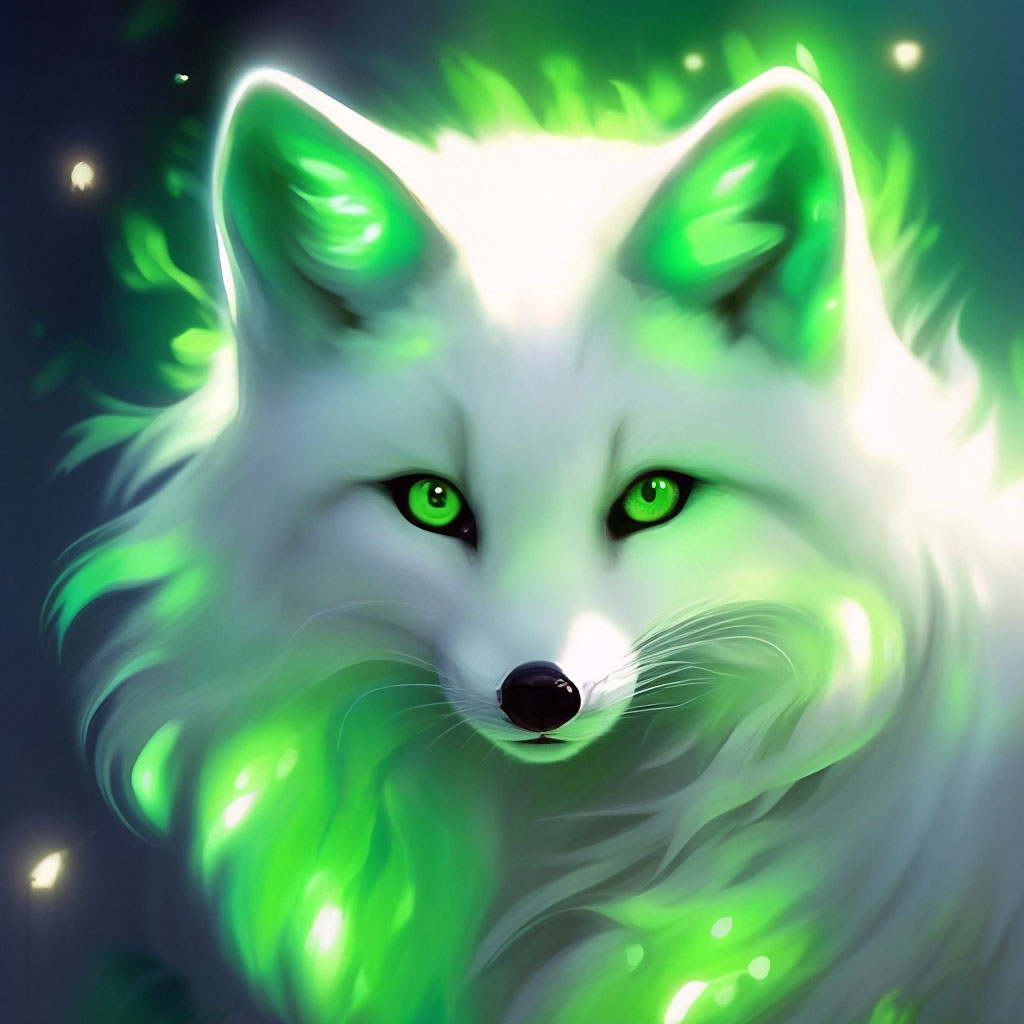 "Beautiful fluffy white fox, green shining details, green big eyes ...