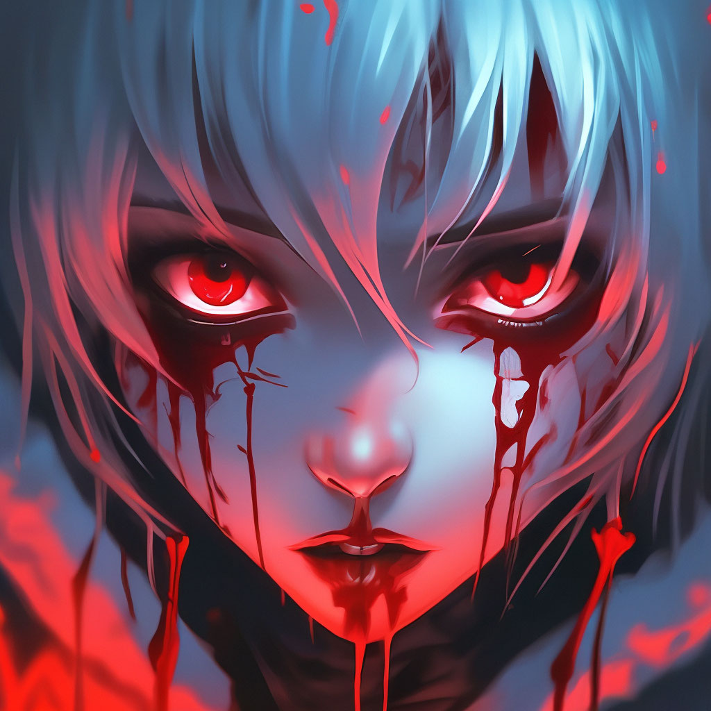 "Girl's skin carving, streams, bloodlust, black creature with eyes ...