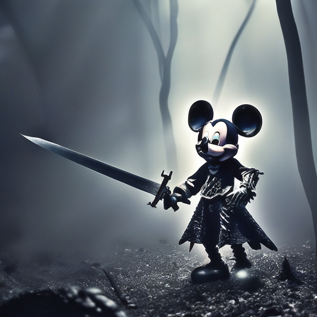 "Mickey Mouse strikes the King of the Night with a sword" — image ...