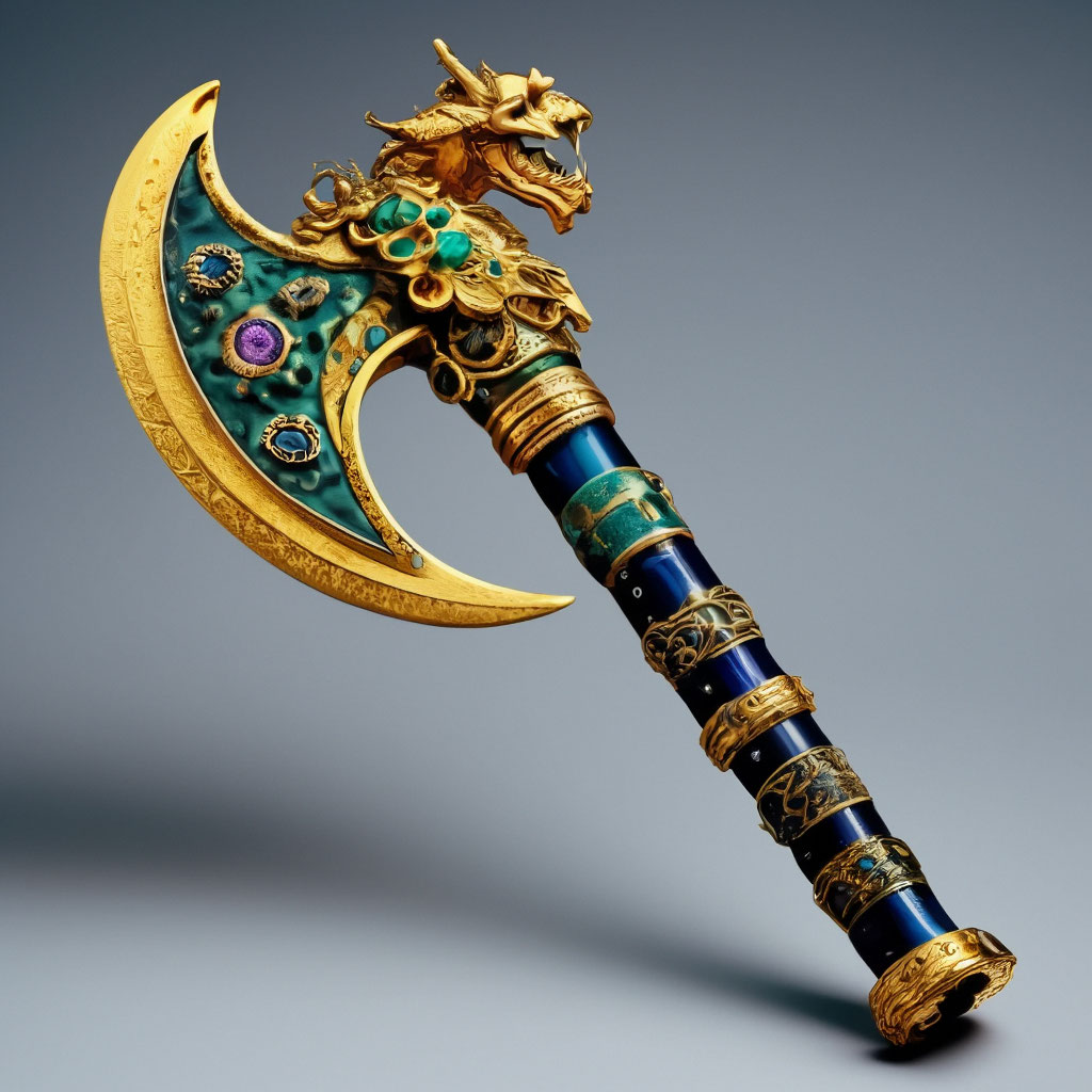 "A golden axe inlaid with expensive colored stones on the guard, an axe ...