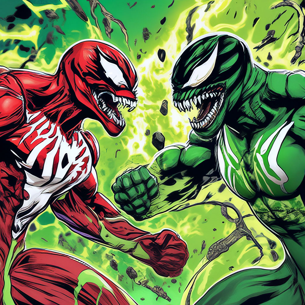 "Venom vs green venom in the style of a comic book" — image created in ...