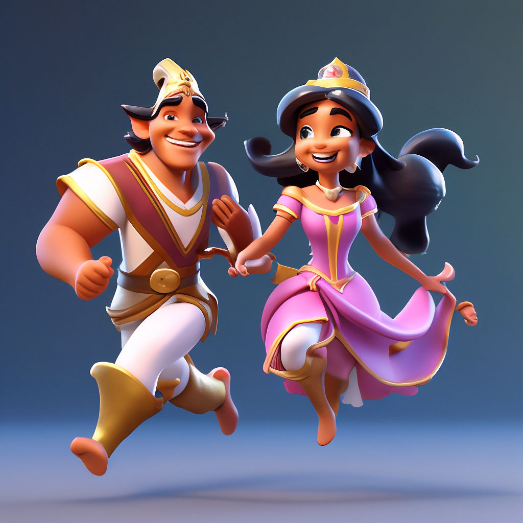 "3d models design Pixar, Princess Jasmin and tramp Aladdin run away ...