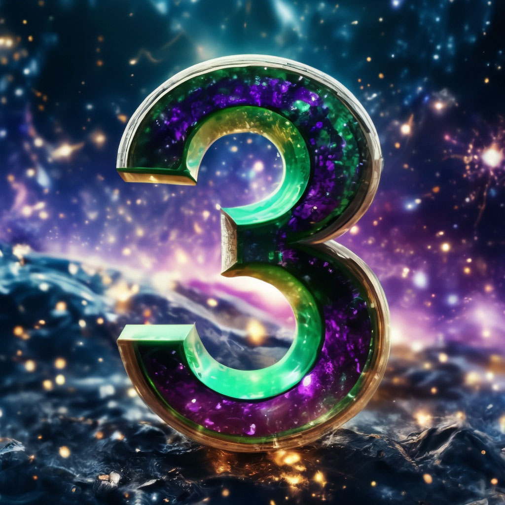 "3 magic number 3, starry, purple and emerald, in space, shimmer, close ...