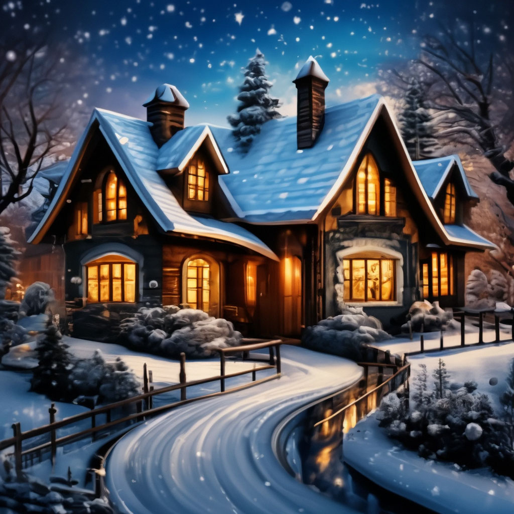"Cute and fancy country houses in winter surroundings, snowflakes New ...