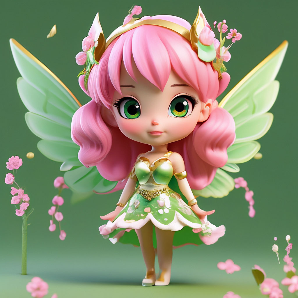 "Full-length chibi, beautiful, cute, forest fairy, green shades,pastel ...