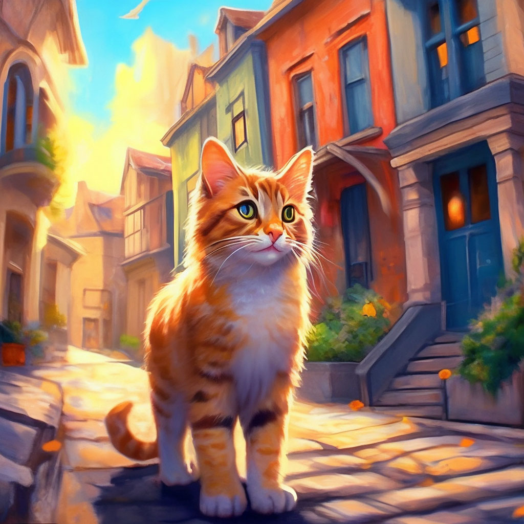"A sweet, kind cat walks around the city, looks at houses with surprise ...