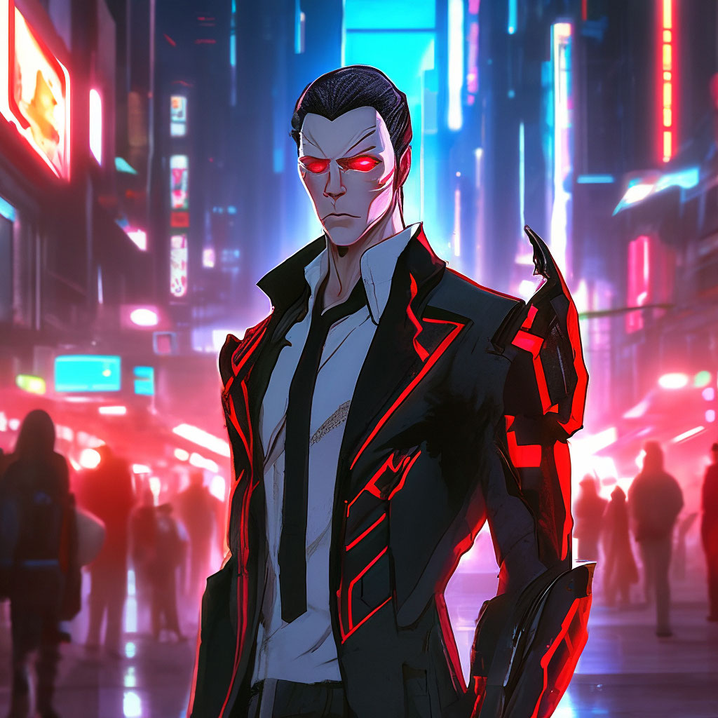 "A pale cyborg vampire man in a red and black exoskeleton goes to a ...