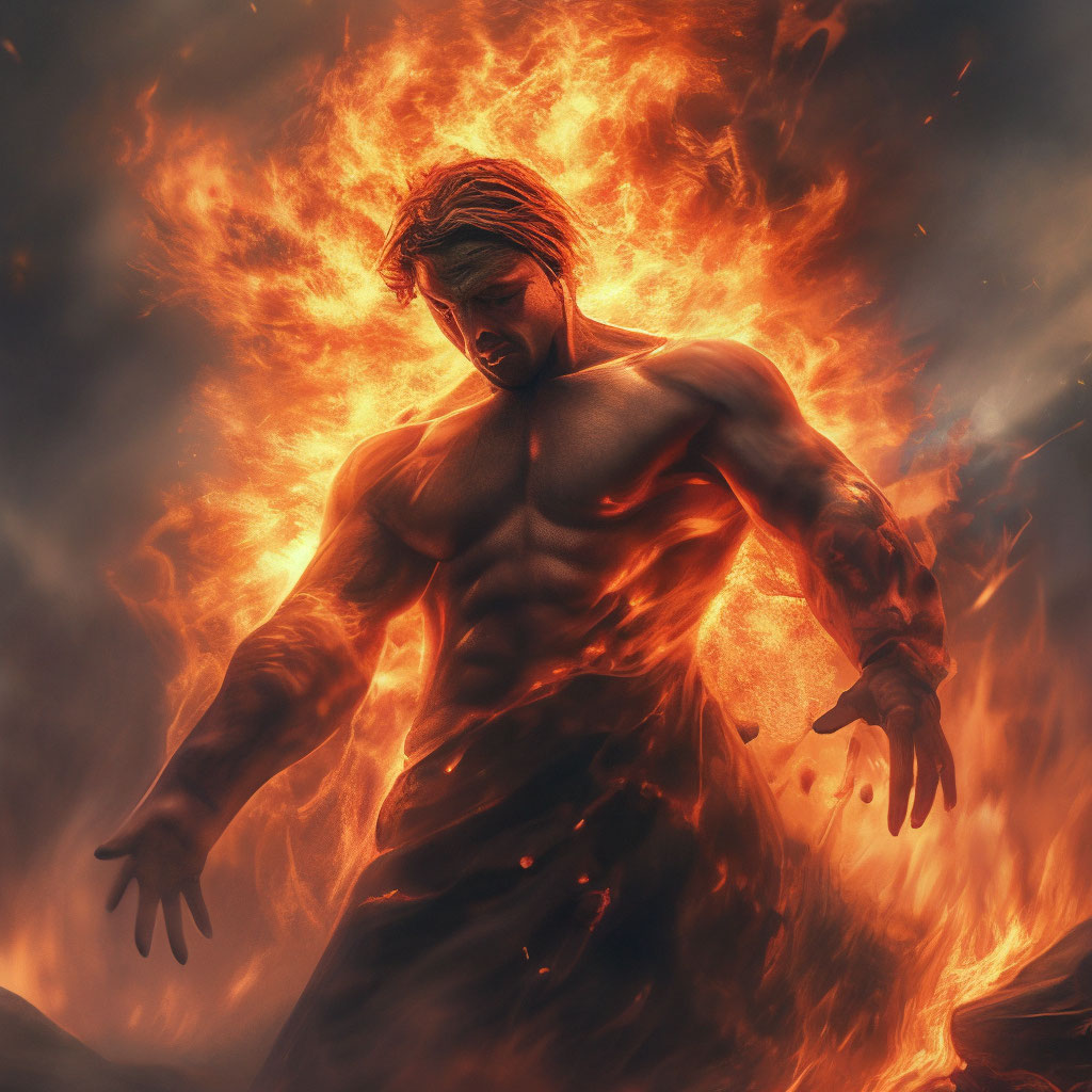 "A man is burning in hellfire, fantasy" — image created in Shedevrum