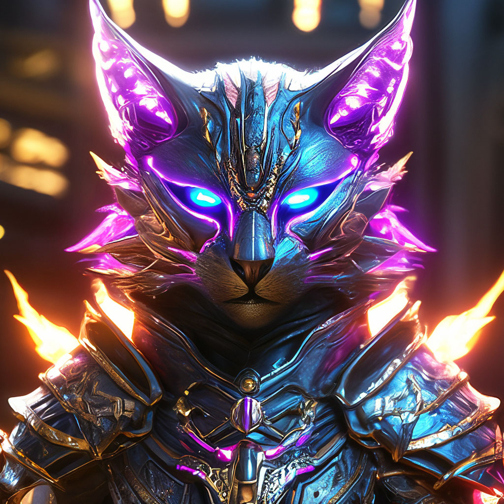 "Anthropomorphic phoenix warrior cat, masked, armored, severe, gloomy ...