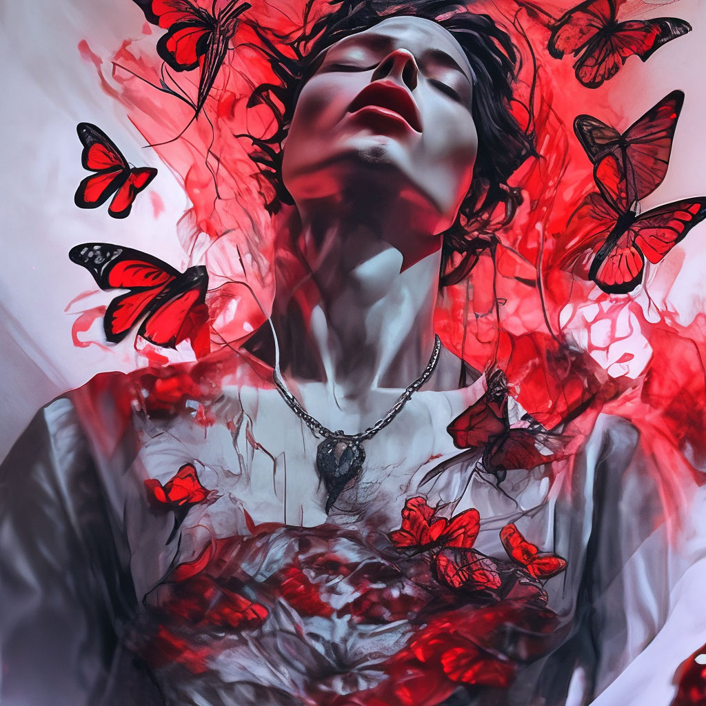 ". ultra-horror ,dramatic, light on the lumen, rengen, red butterflies ...