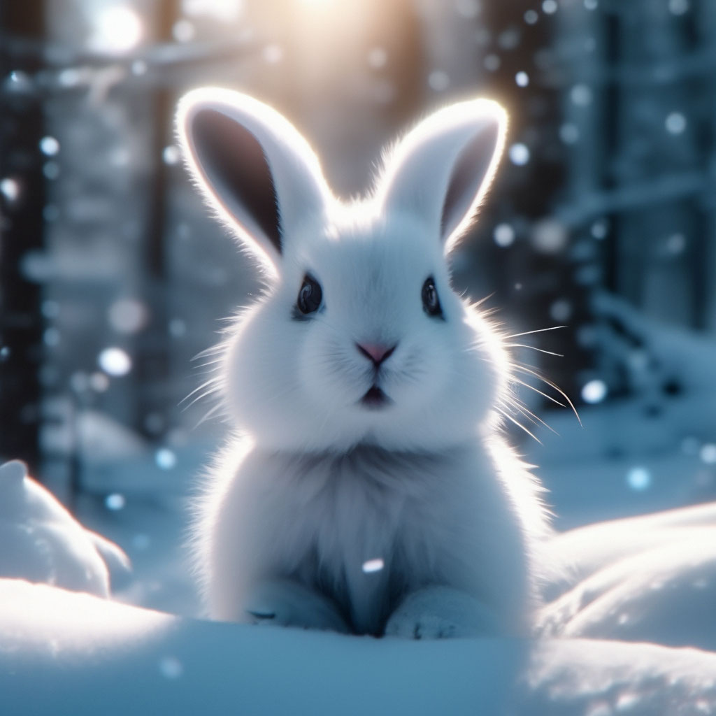 "Cute fluffy bunny, with a snowflake on his nose, in the forest, the ...