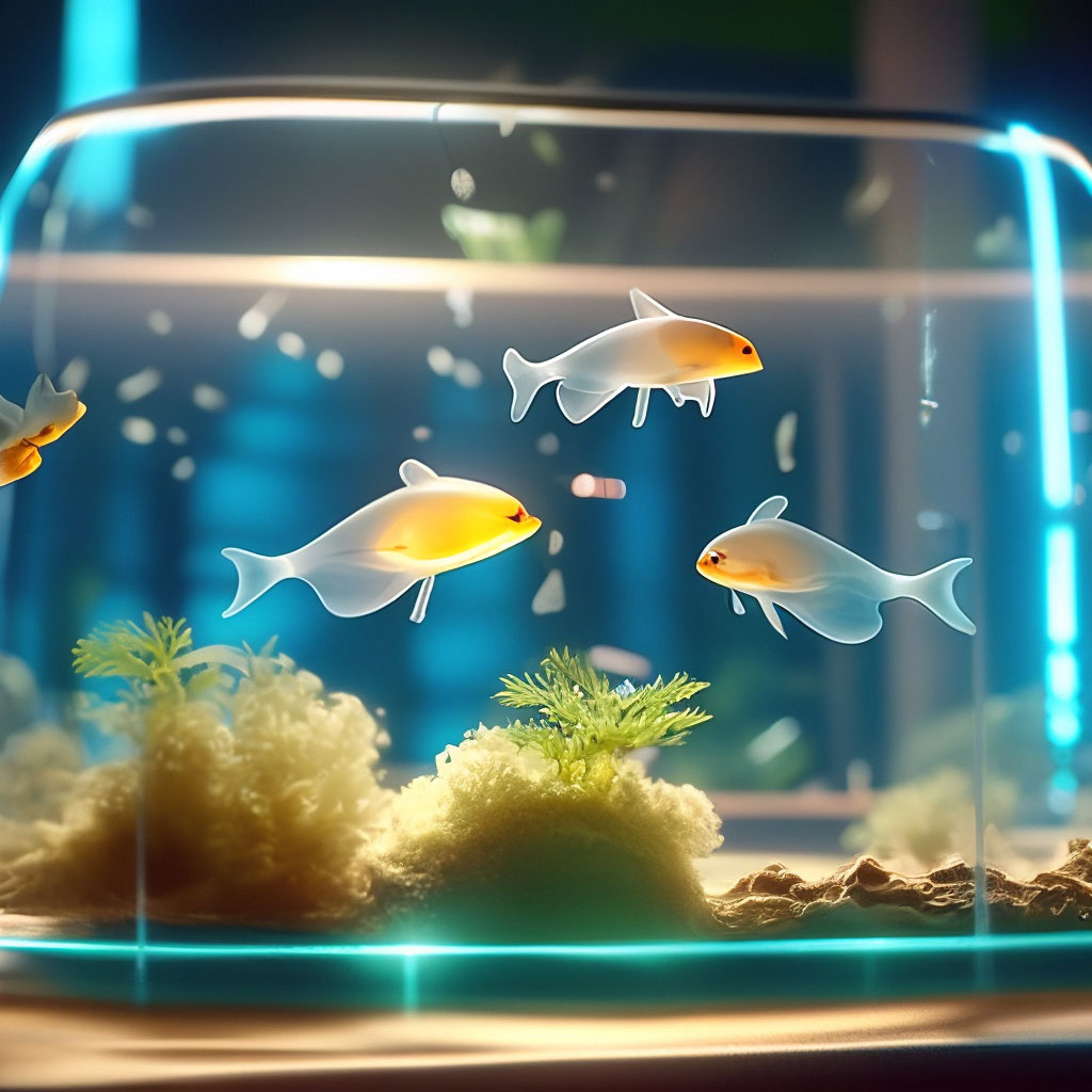 "In a large aquarium, transparent luminous fish and transparent frogs ...