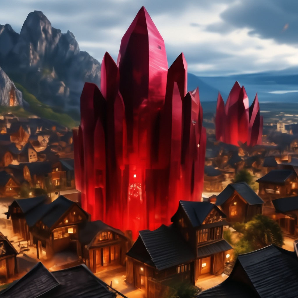 "Dnd style, hyperrealism, high detail, a giant ruby crystal 50 meters ...