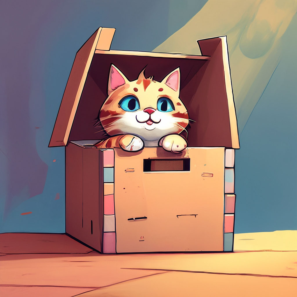 "The cat in the box cardboard box, cartoon style, delicate tones ...